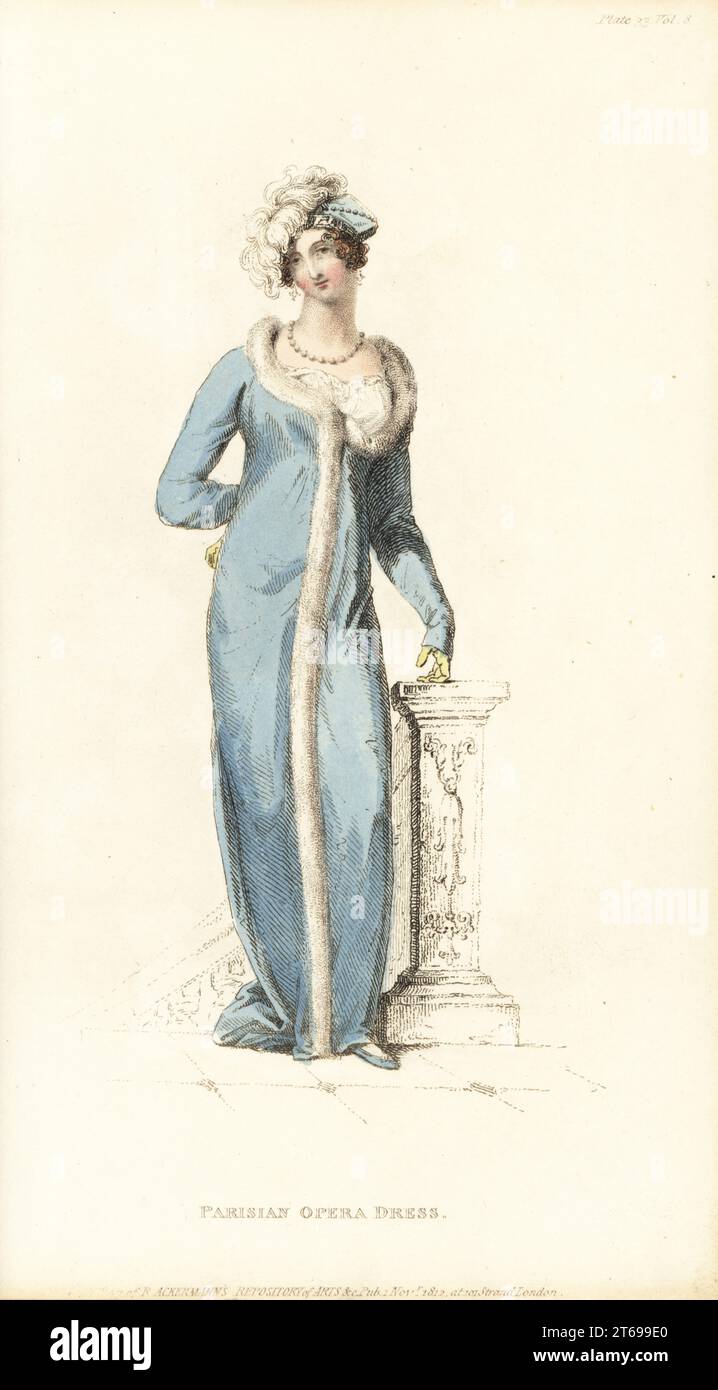 Regency woman in Parisian opera dress, 1812. White muslin dress trimmed ...