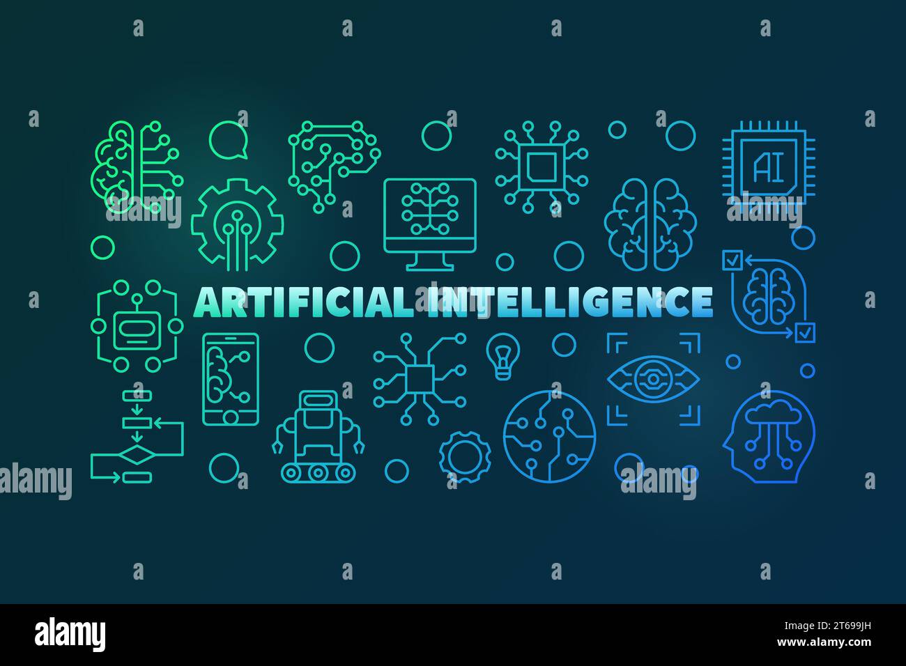Artificial Intelligence colorful horizontal outline illustration. AI ...