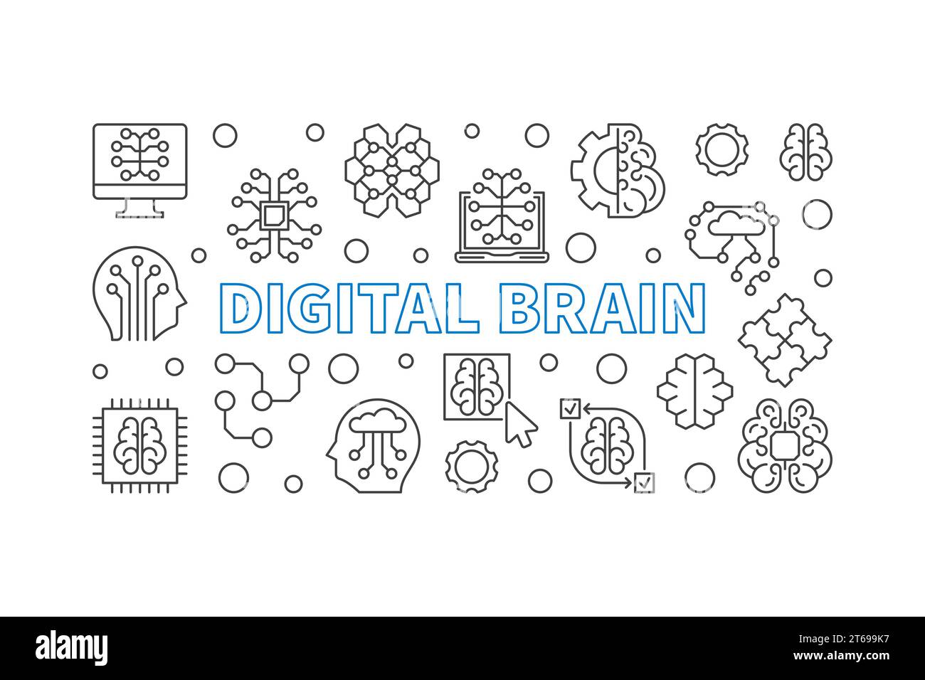 Digital Brain vector concept horizontal banner. AI and Machine learning illustration in thin ...