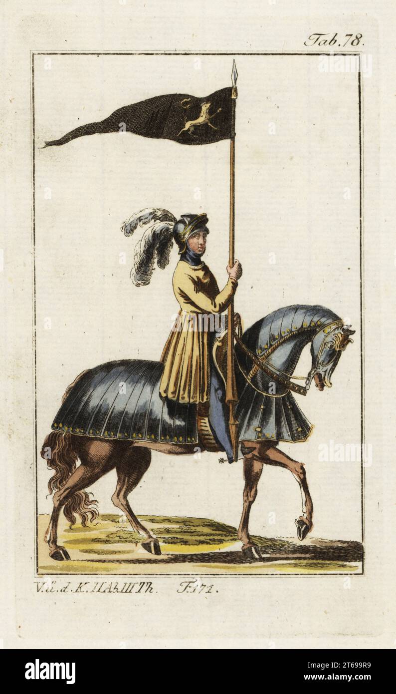 Knight in armor on horseback with his standard 171 The knight wears a ...