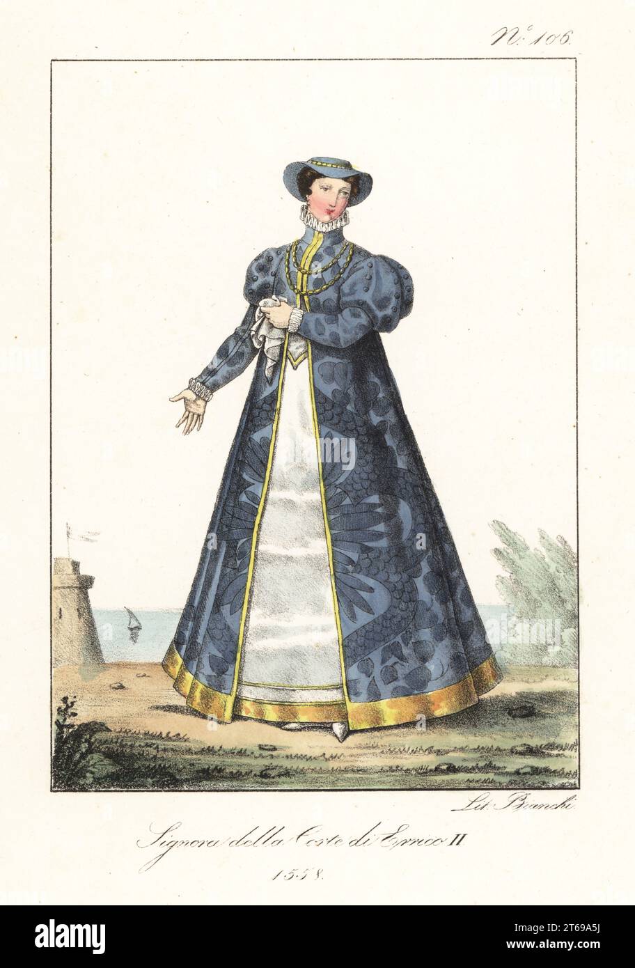 Lady of the court of King Henry II, France, 1558. In hat, gown with ...