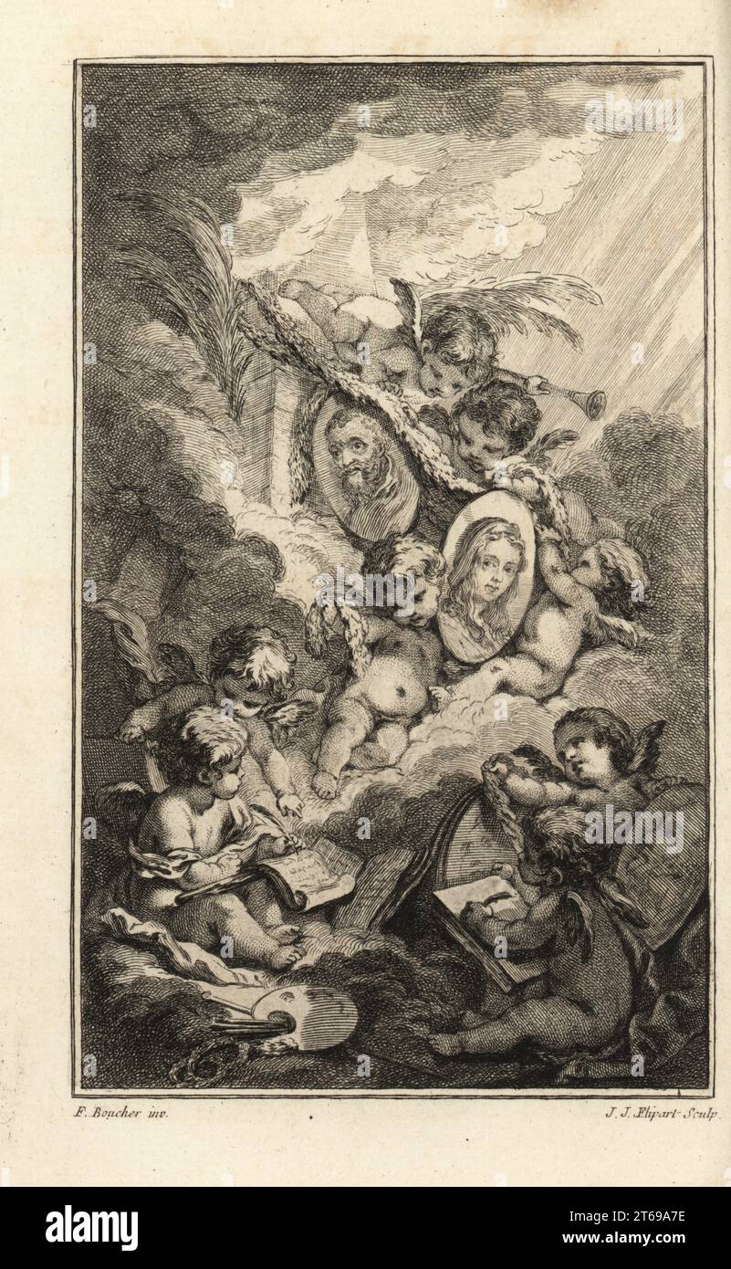 Putti garlanding oval portraits of artists with laurels. In the ...