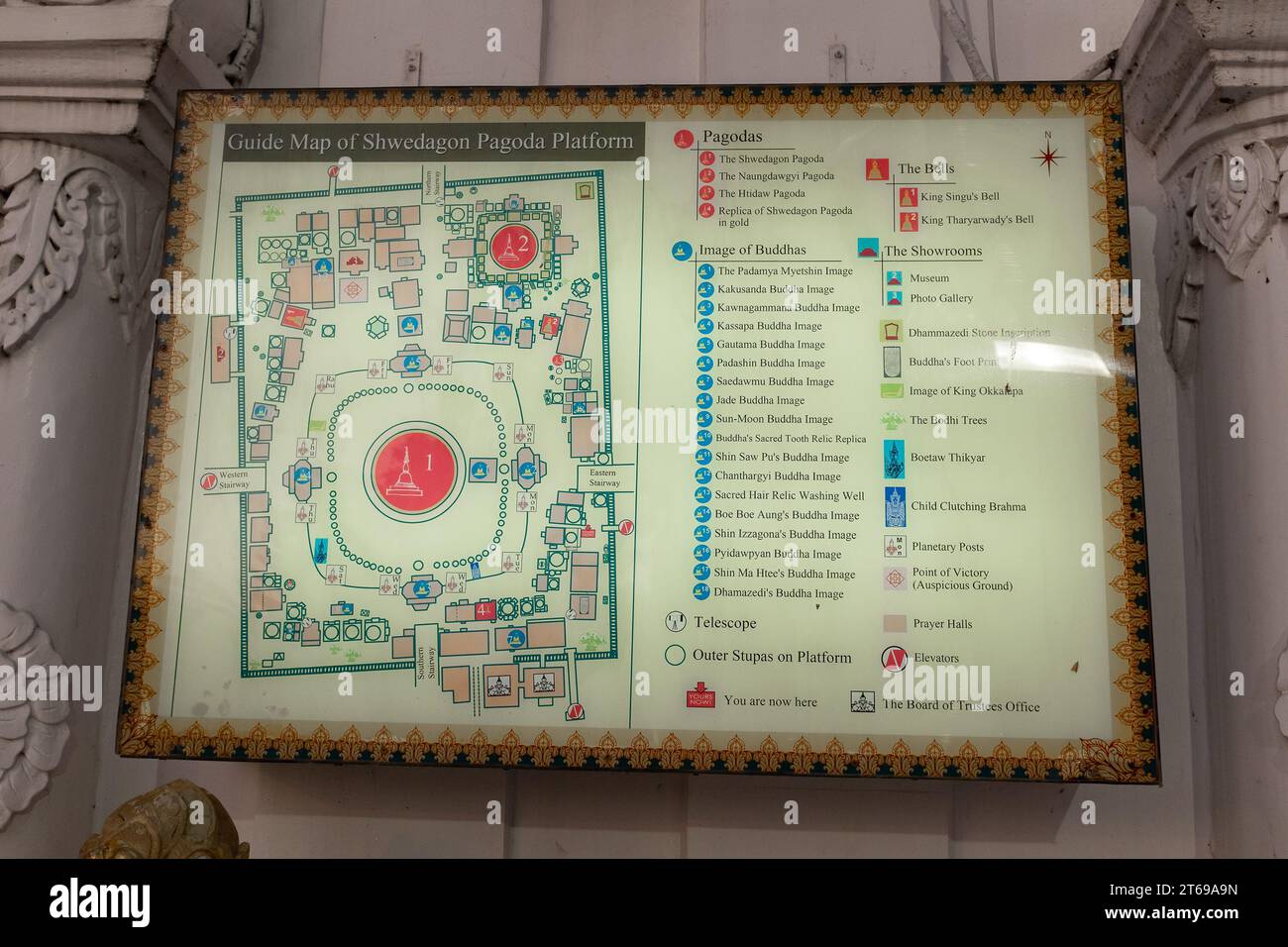 Yangon, Myanmar. The Guide Map of the Shwedagon Pagoda Platform near ...