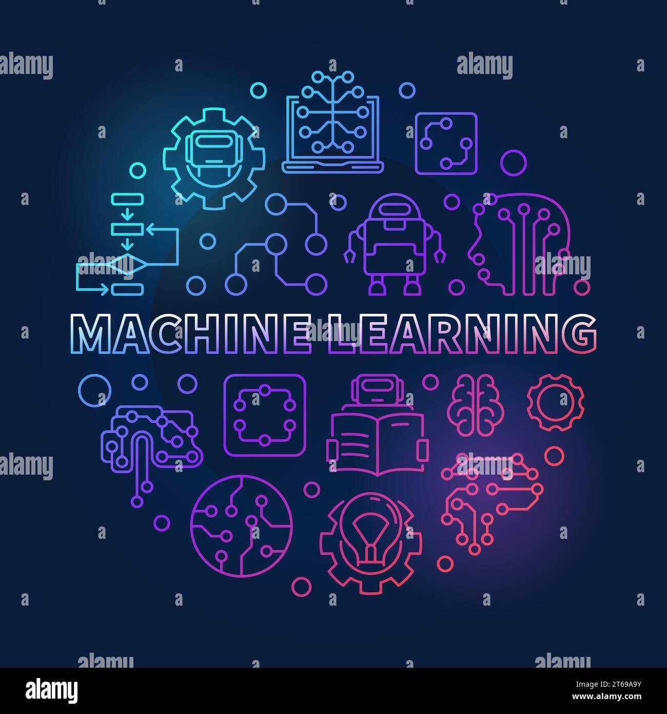 Machine Learning round vector colored illustration in thin line style ...