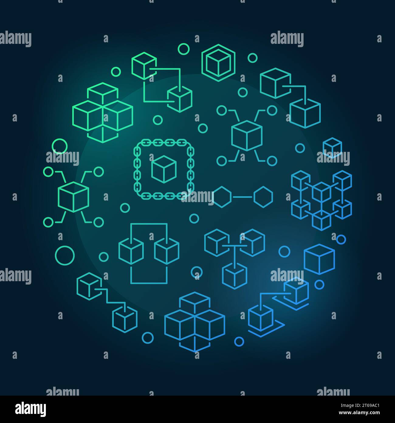 Blockchain crypto vector round blue bright illustration in outline ...