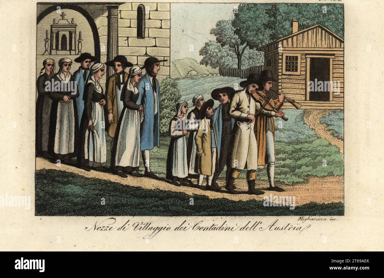 Peasant wedding in a village in Austria, 1822. Musicians play violin ...