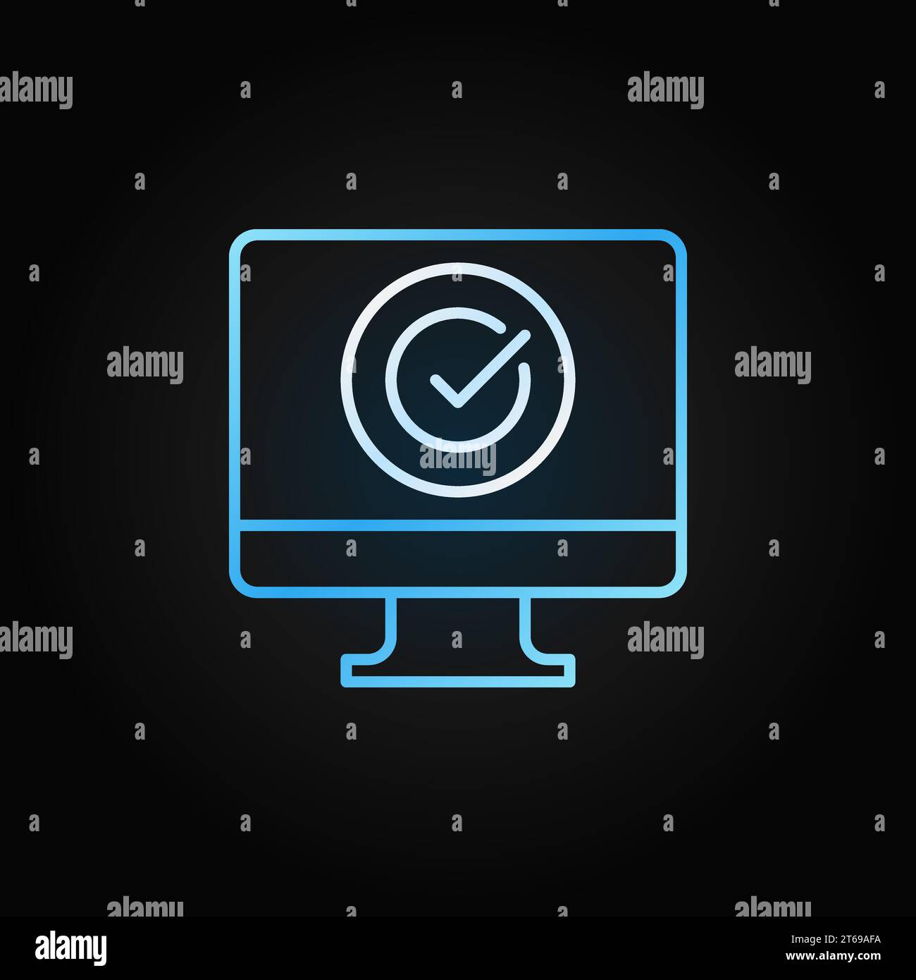 PC with check mark blue linear icon. Vector personal computer with ...