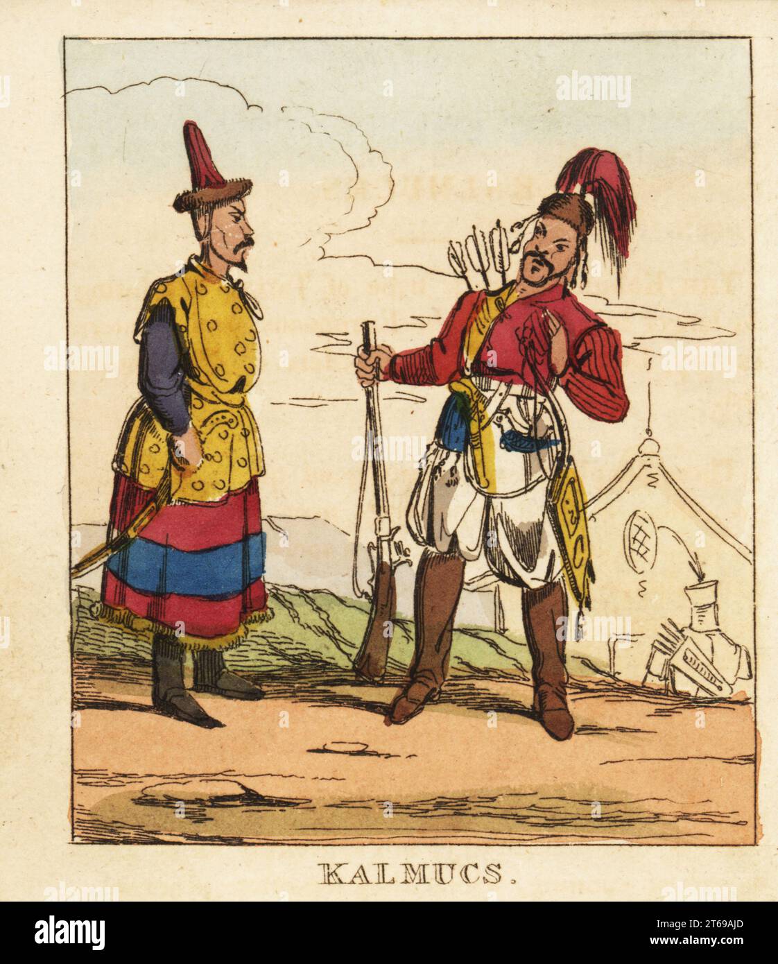 Costumes of Kalmyk military, 19th century. An officer in tall hat ...