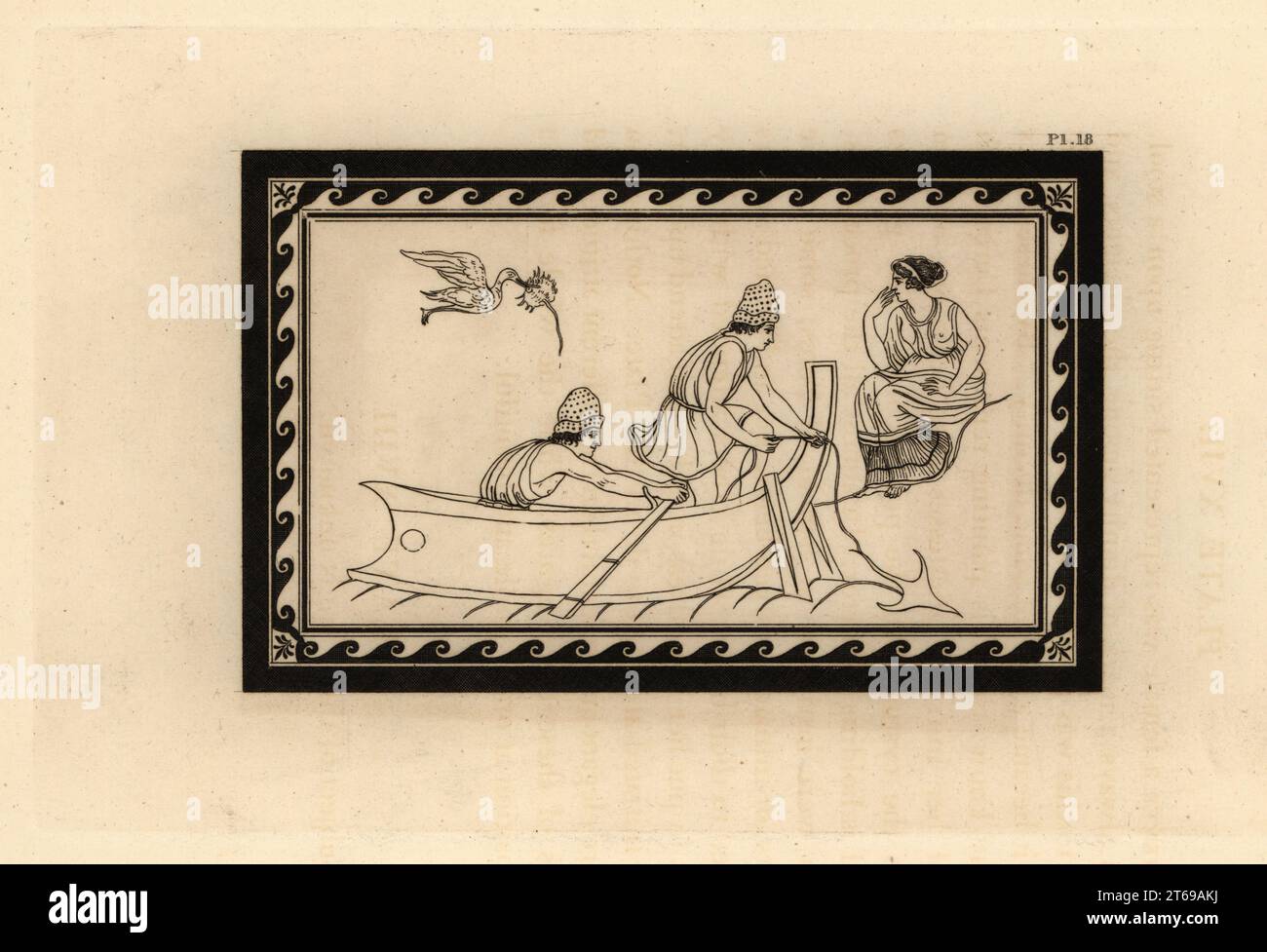 Two sailors rowing a boat to shore where a woman waits. One casts ...