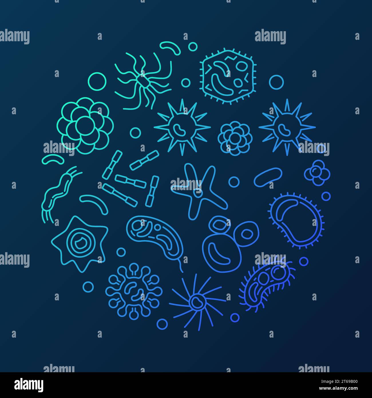 Virology round vector microbiology blue illustration made with microbes ...