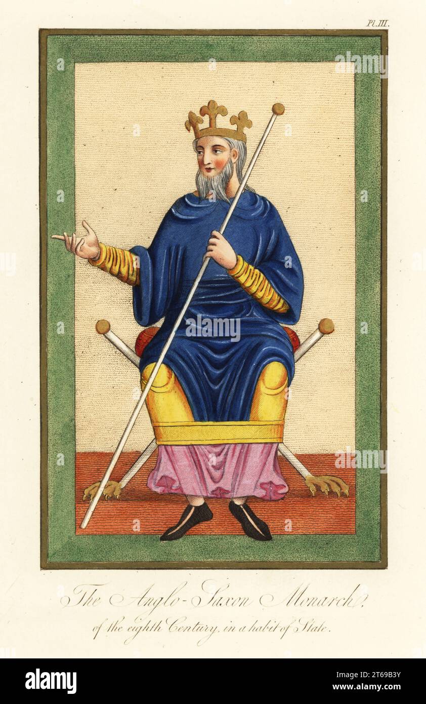 Anglo-Saxon monarch of the 8th century in habit of state. Seated on a ...