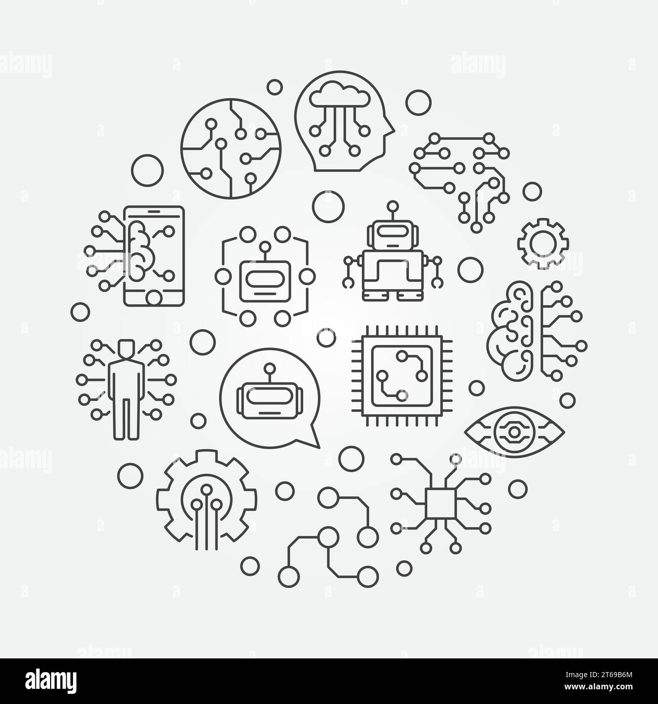Future round vector minimal illustration in thin line style. Machine learning, AI and innovation ...