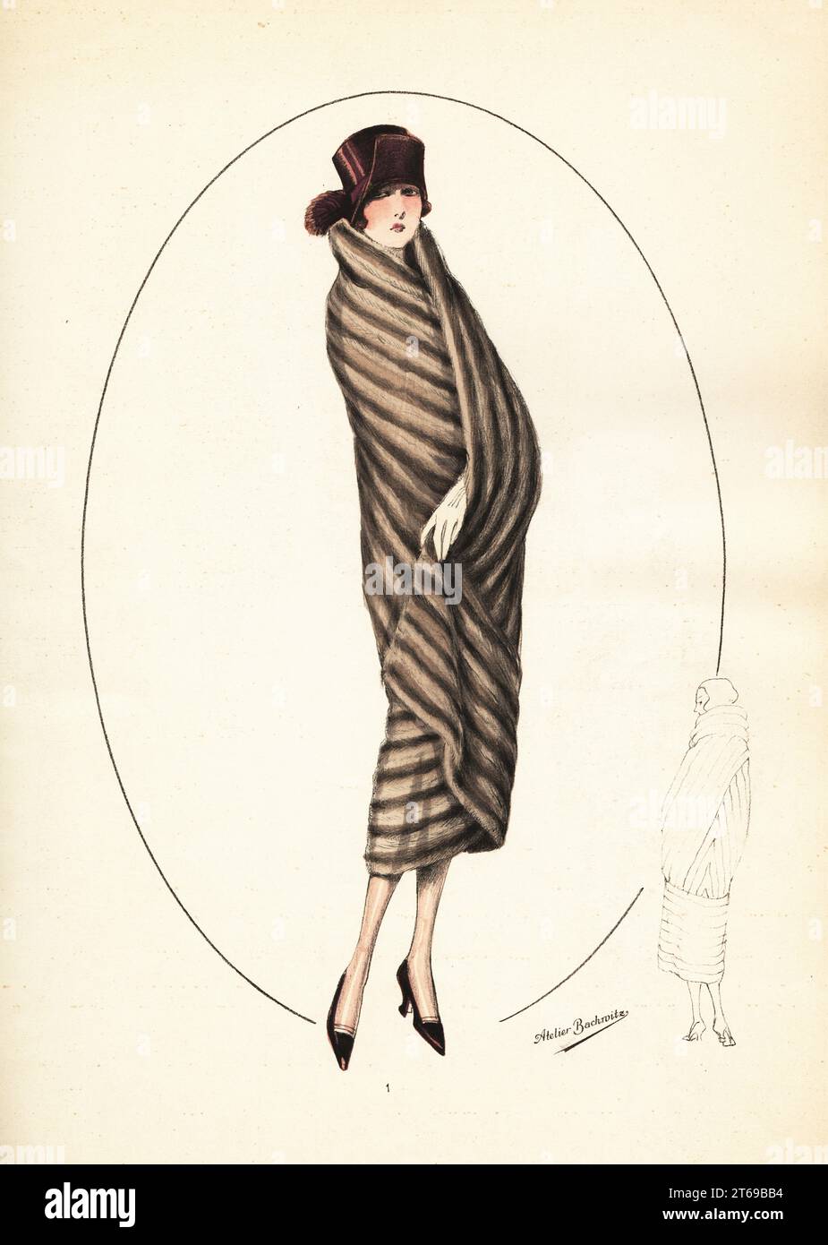 Fashionable woman in cloche hat and mink cape with back panel laid ...