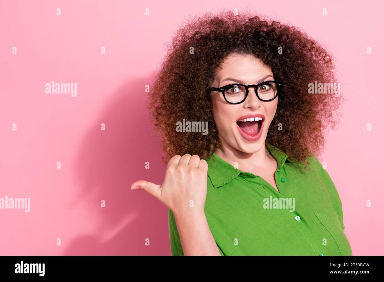 Photo portrait of lovely young lady excited point empty space open ...