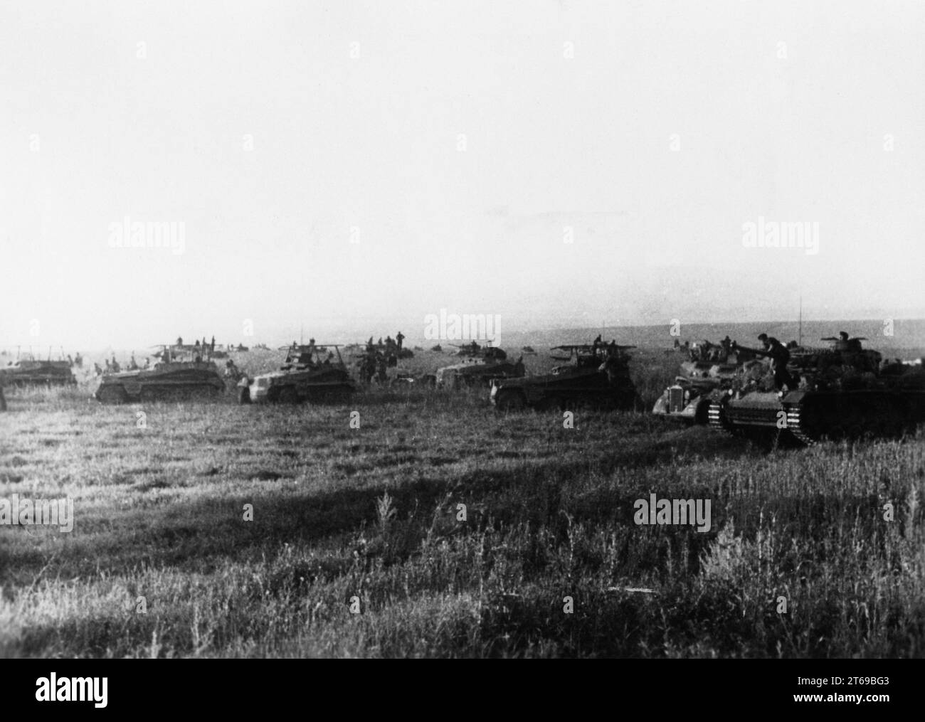 Deployment of a German tank unit with armored infantry in the steppe ...