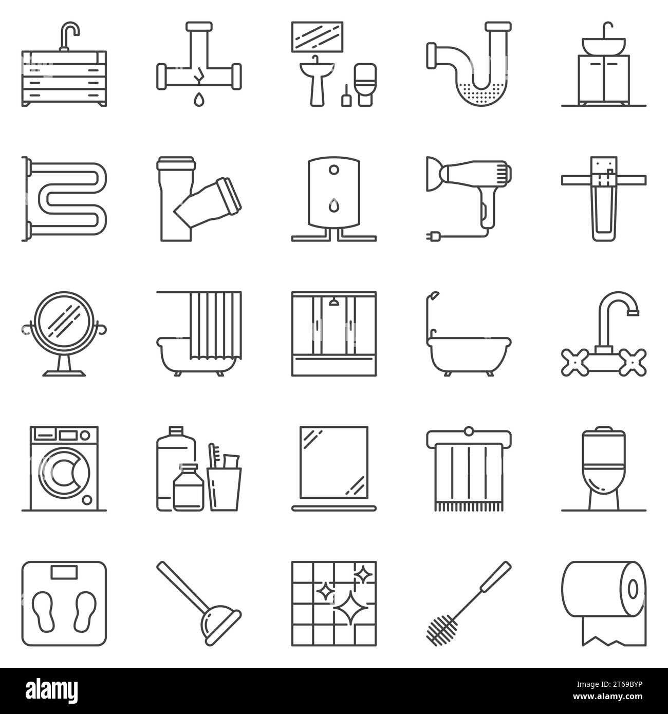Bathroom outline icons set - vector bath, toilet, faucet, sink and ...