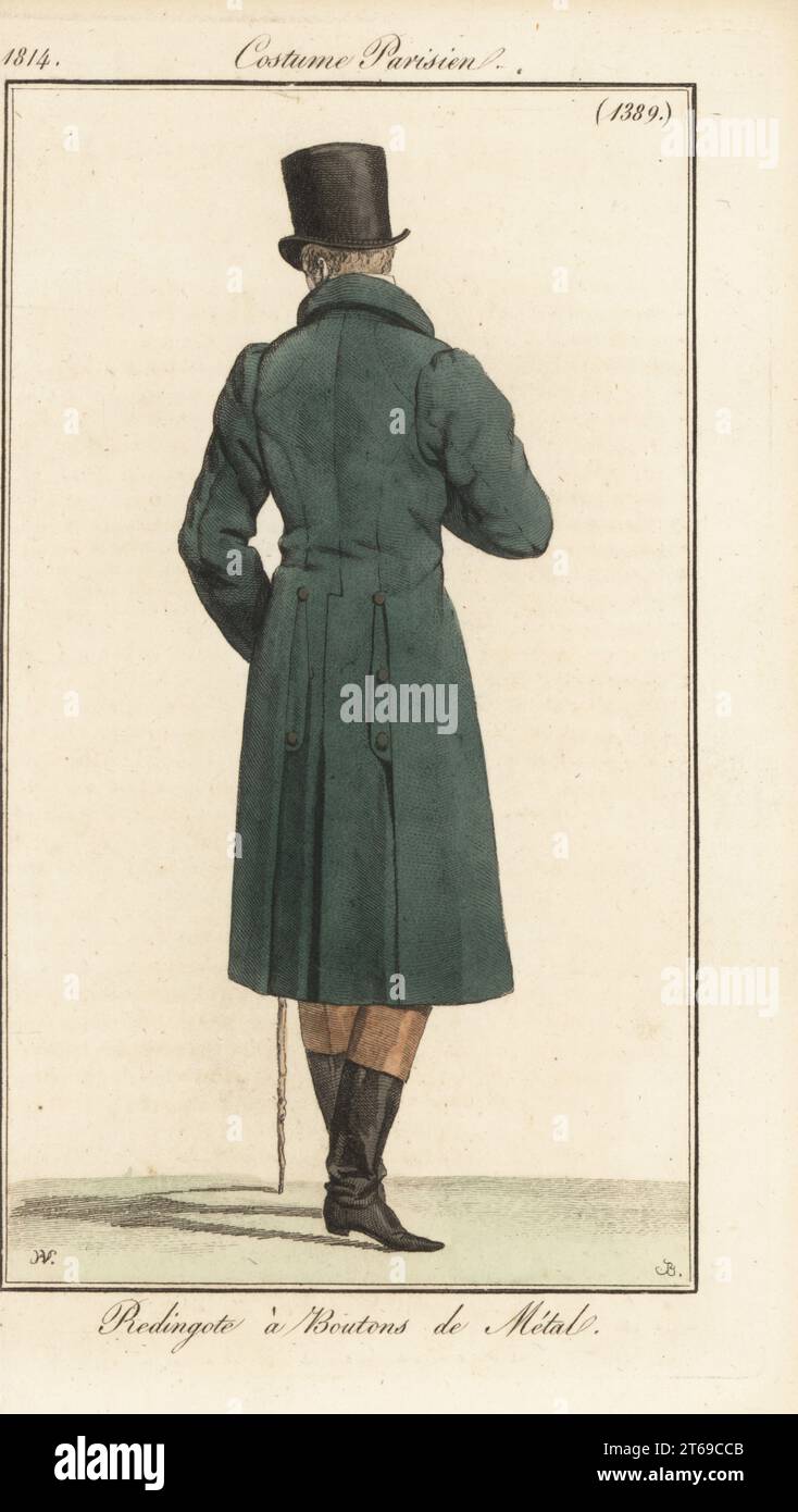 French gentleman in top hat, green riding coat with metal buttons, and ...