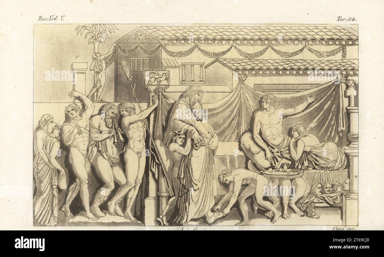 Scene from Petroniuss Satyricon. Trimalchio comes to have dinner after ...