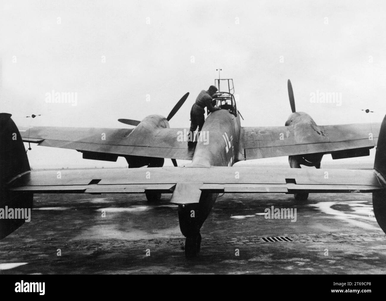 German Messerschmitt Me 110 at an airfield, presumably in Germany ...