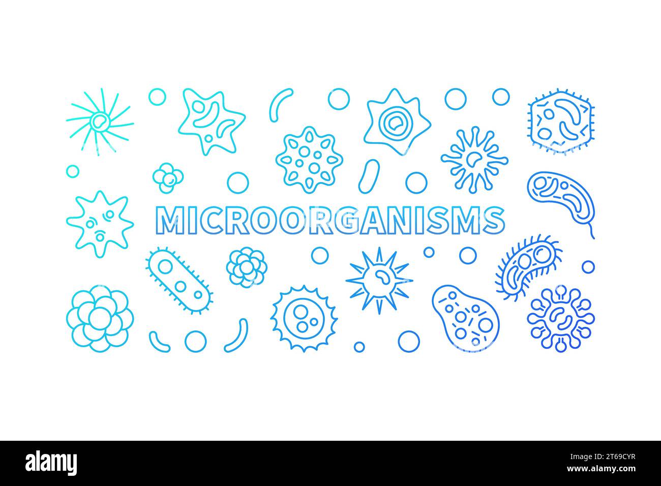 Microorganisms bright blue horizontal banner. Vector microbiology ...