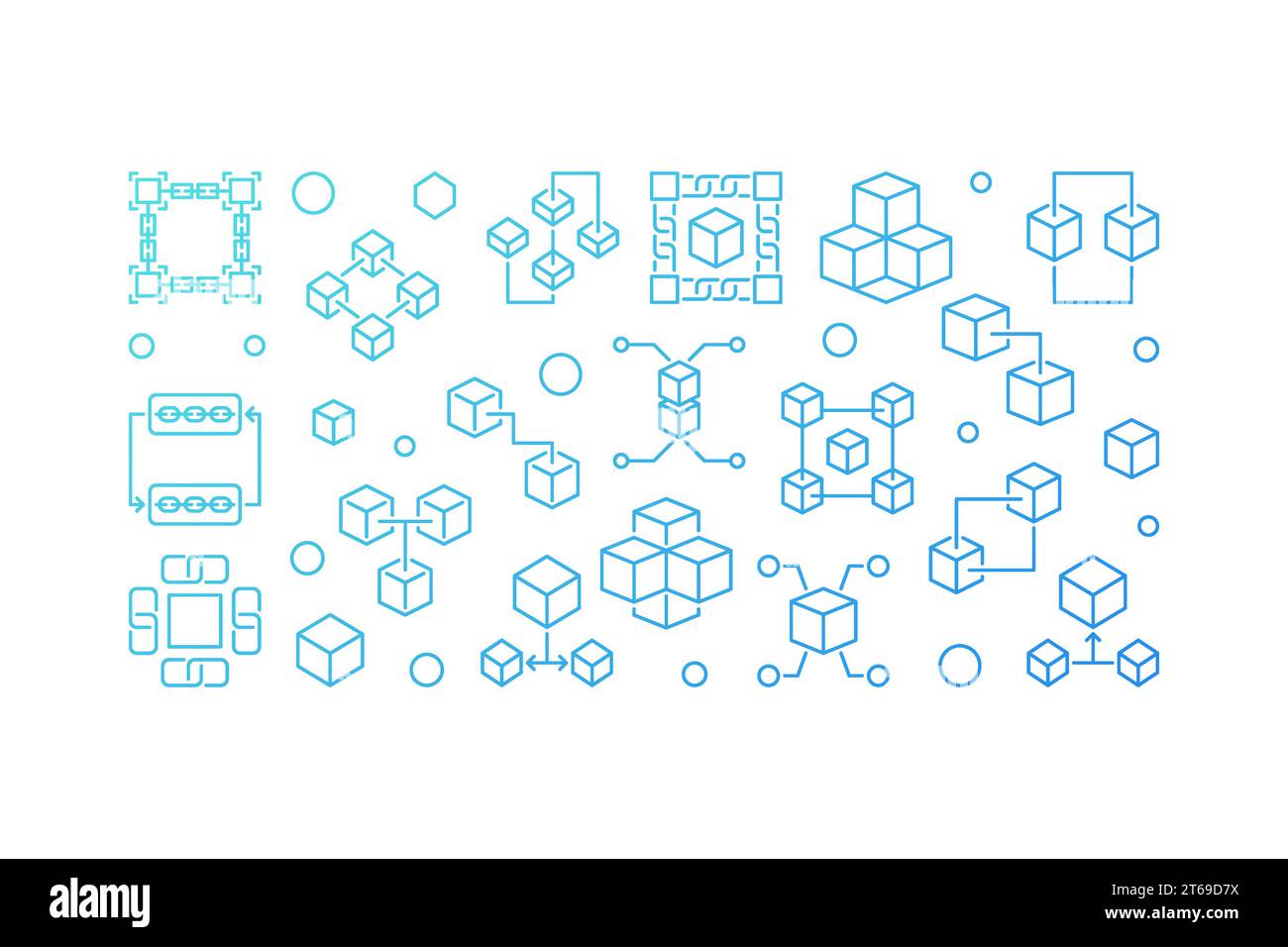 Block Chain vector blue horizontal illustration or banner in outline ...