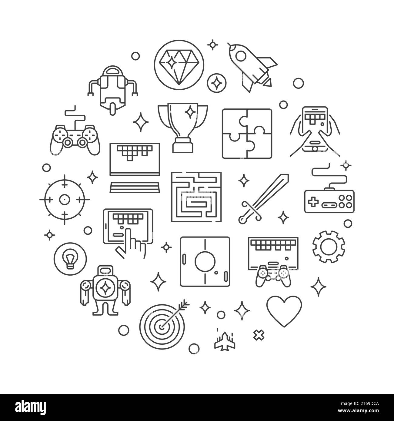 Gamepad, puzzle, robot, cup, and other gaming linear icons in circle ...