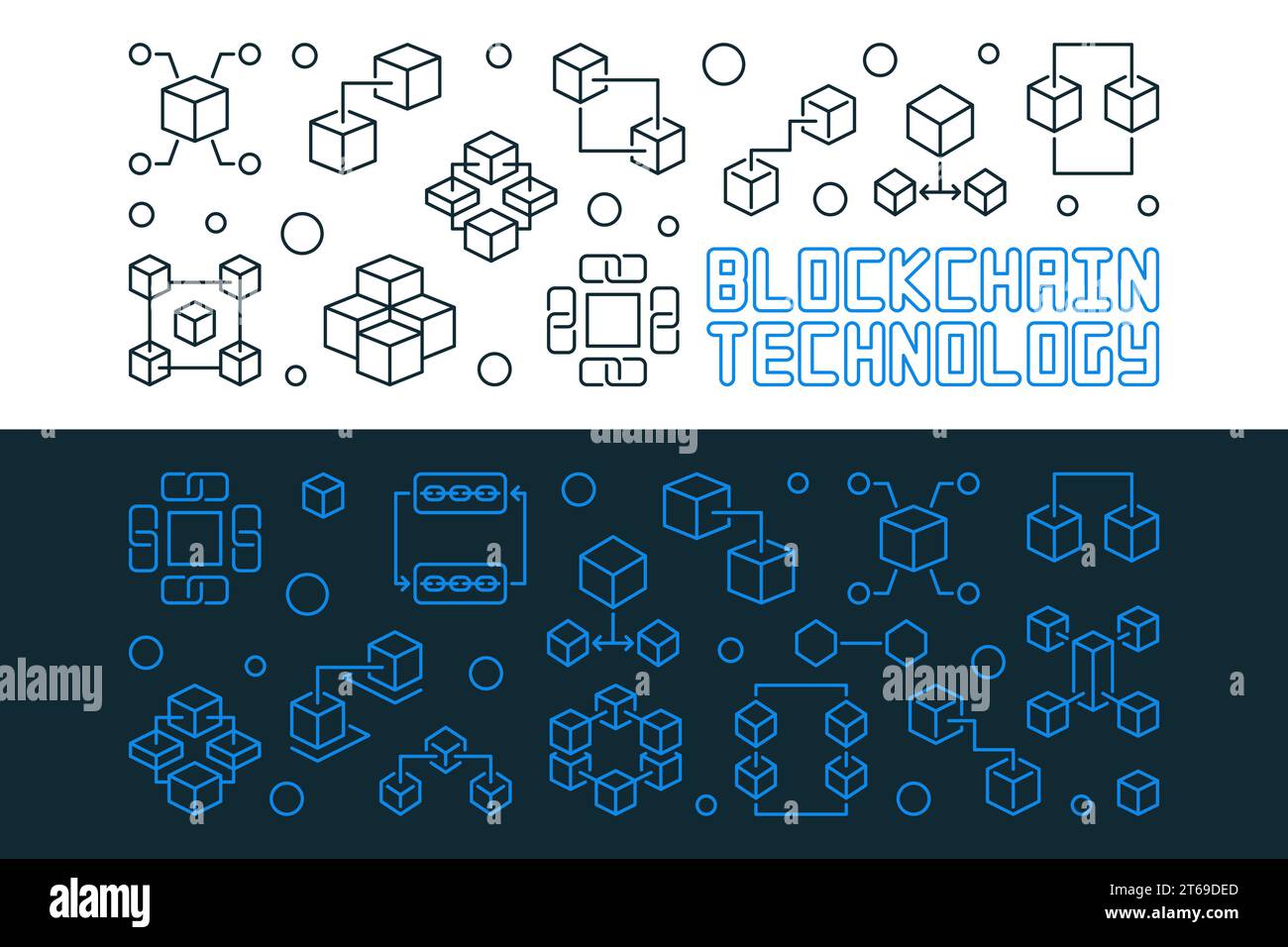 Blockchain technology concept horizontal banners in outline style. Vector illustration Stock ...