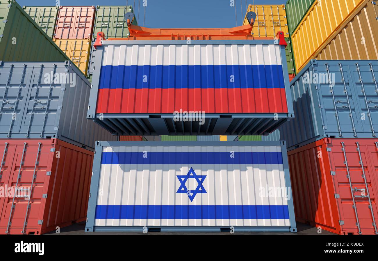 Cargo containers with Russia and Israel national flags. 3D Rendering ...