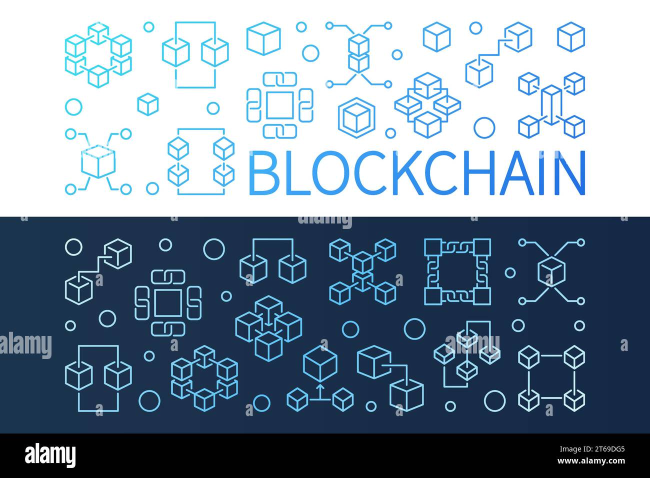 Set of 2 Blockchain vector bright horizontal banners. Block Chain concept illustration in thin ...