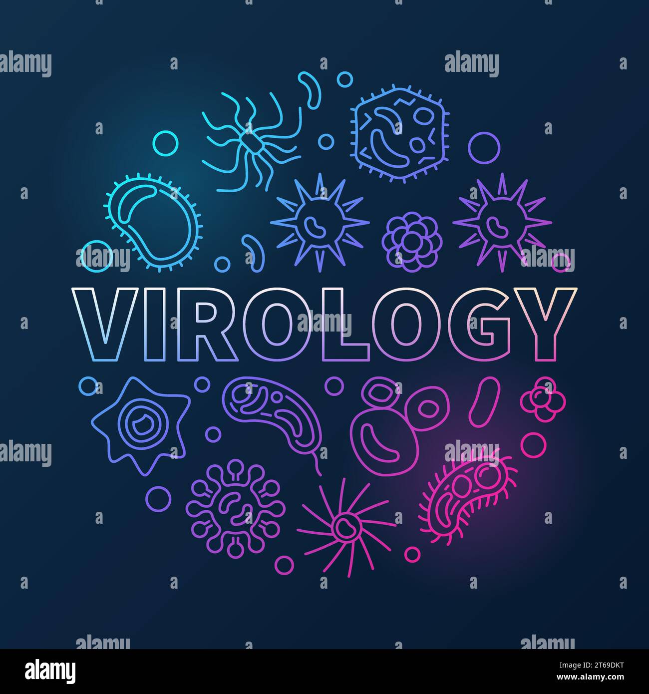 Virology circular vector biology colored illustration in thin line ...