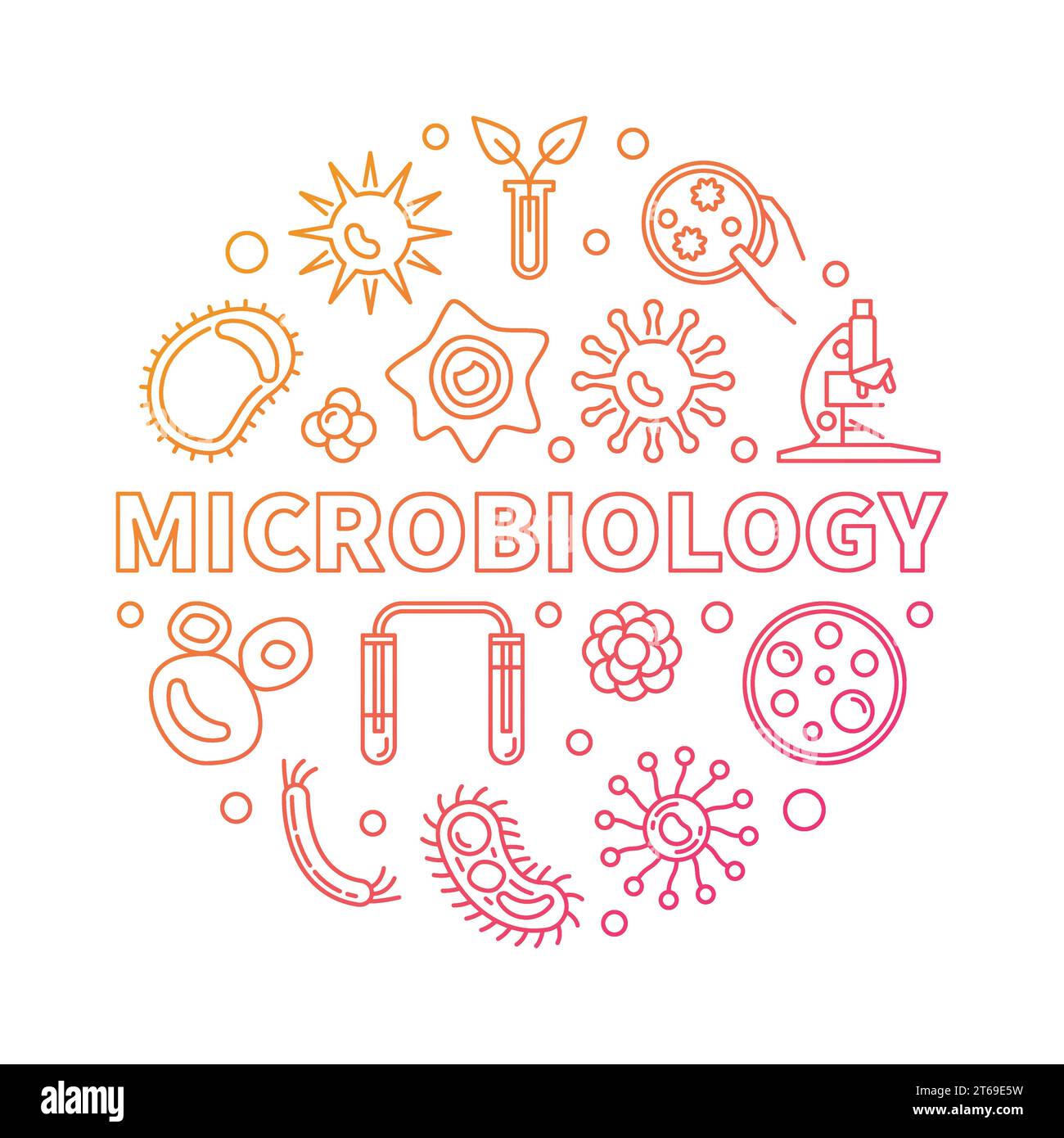 Microbiology round vector red concept science illustration in thin line ...