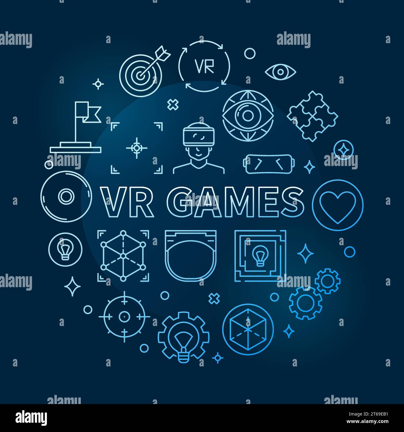 Vector VR Games round concept blue outline illustration on dark ...