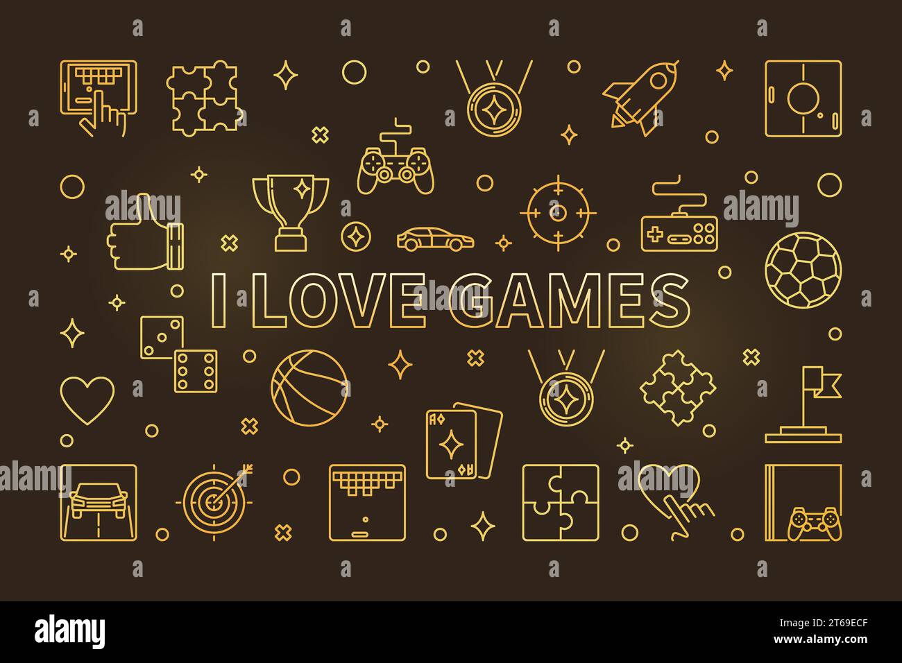 I Love Games vector golden linear illustration or banner on dark ...