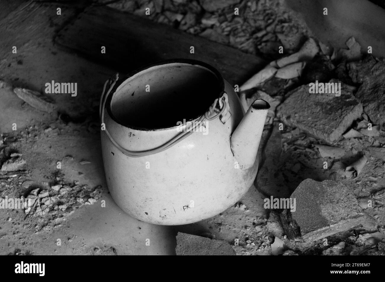 A teapot in abandoned Pripyat near the Chernobyl nuclear power station ...
