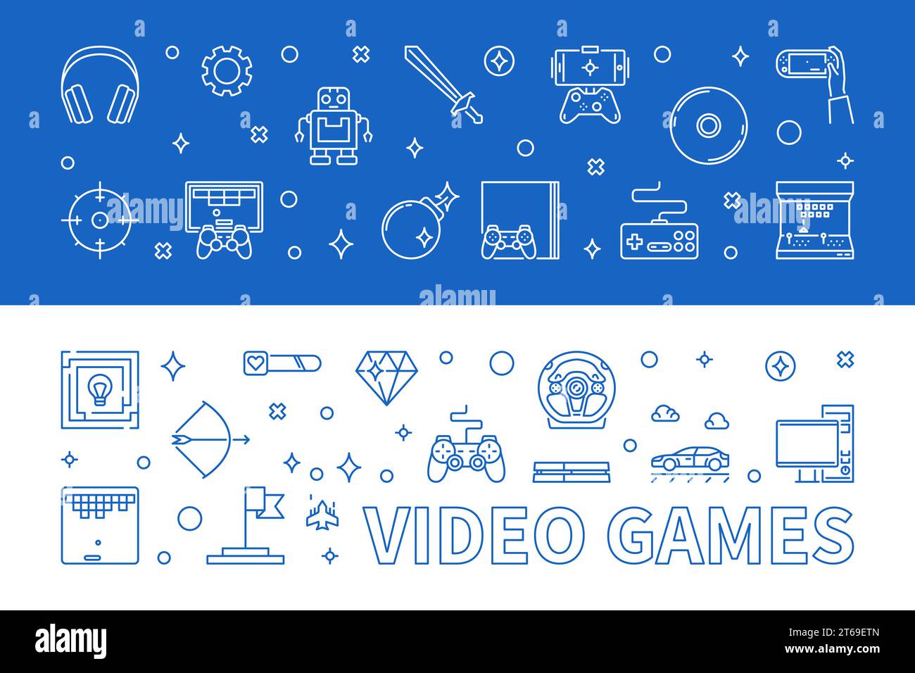 Set of 2 Video Games concept outline horizontal banners. Vector ...