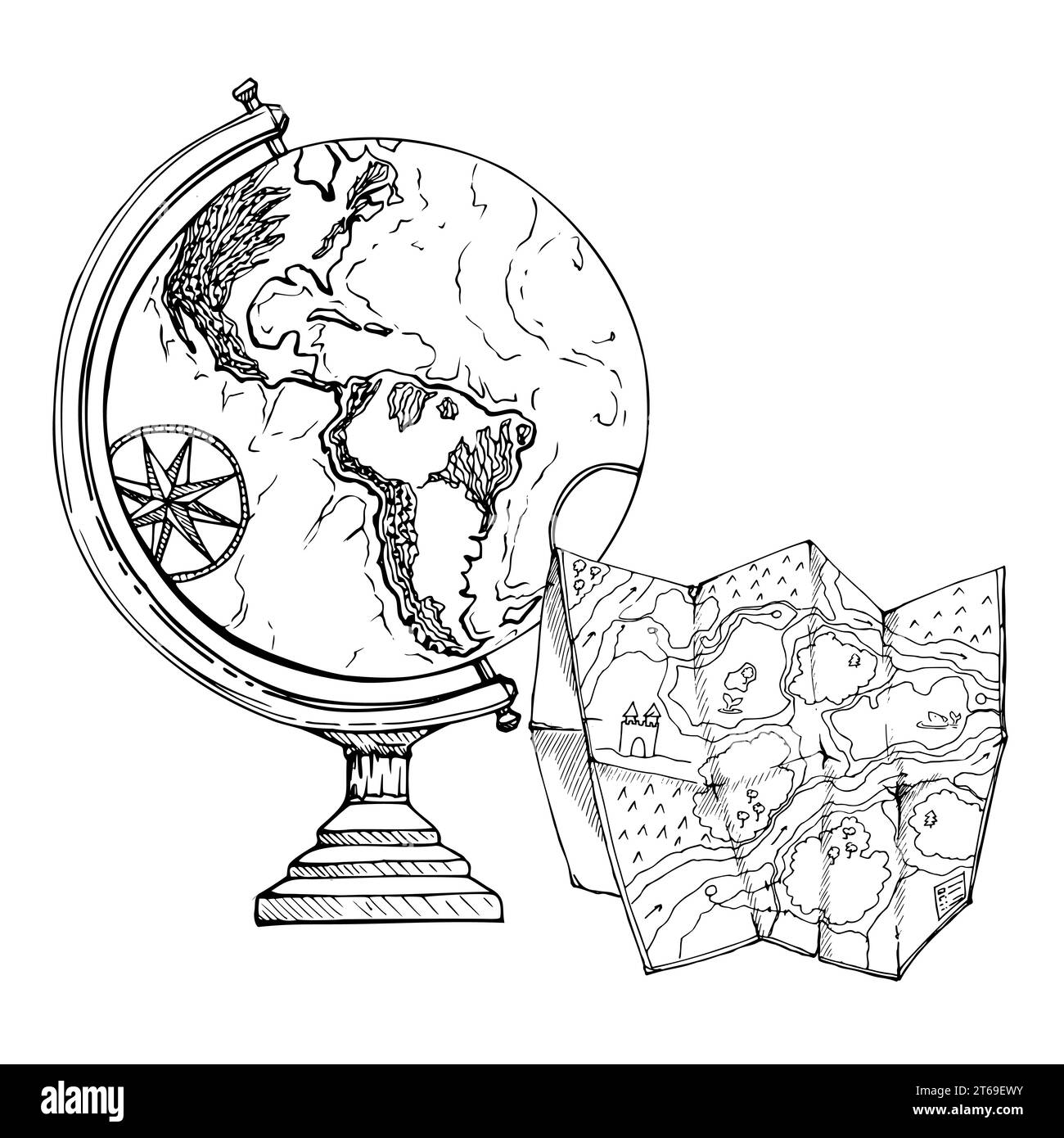 Ink hand drawn vector graphic outline sketch. Navigation orientation ...