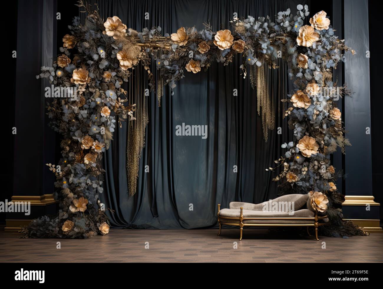 An ornate arch made with vivid gold-colored flowers, feathers and ...