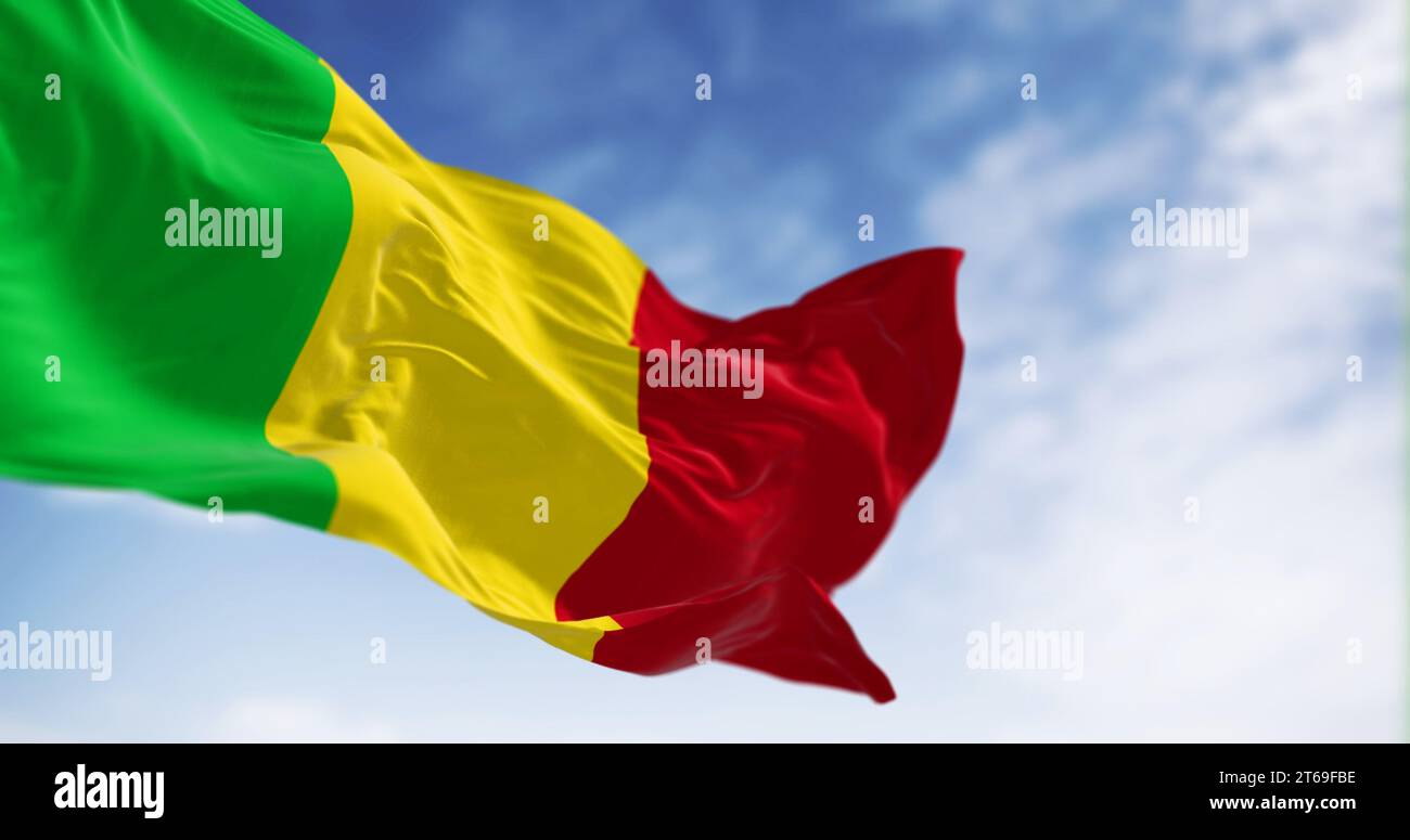 Mali national flag waving in the wind on a clear day.Vertical tricolor ...