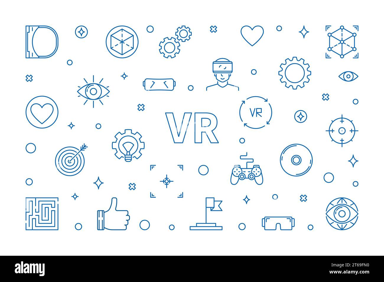 VR concept horizontal illustration in outline style. Virtual Reality ...