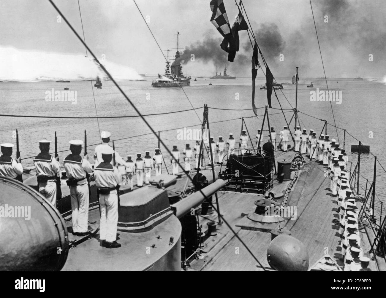 Japanese warships leaving Yokohama base, cruiser Kasuga in front ...