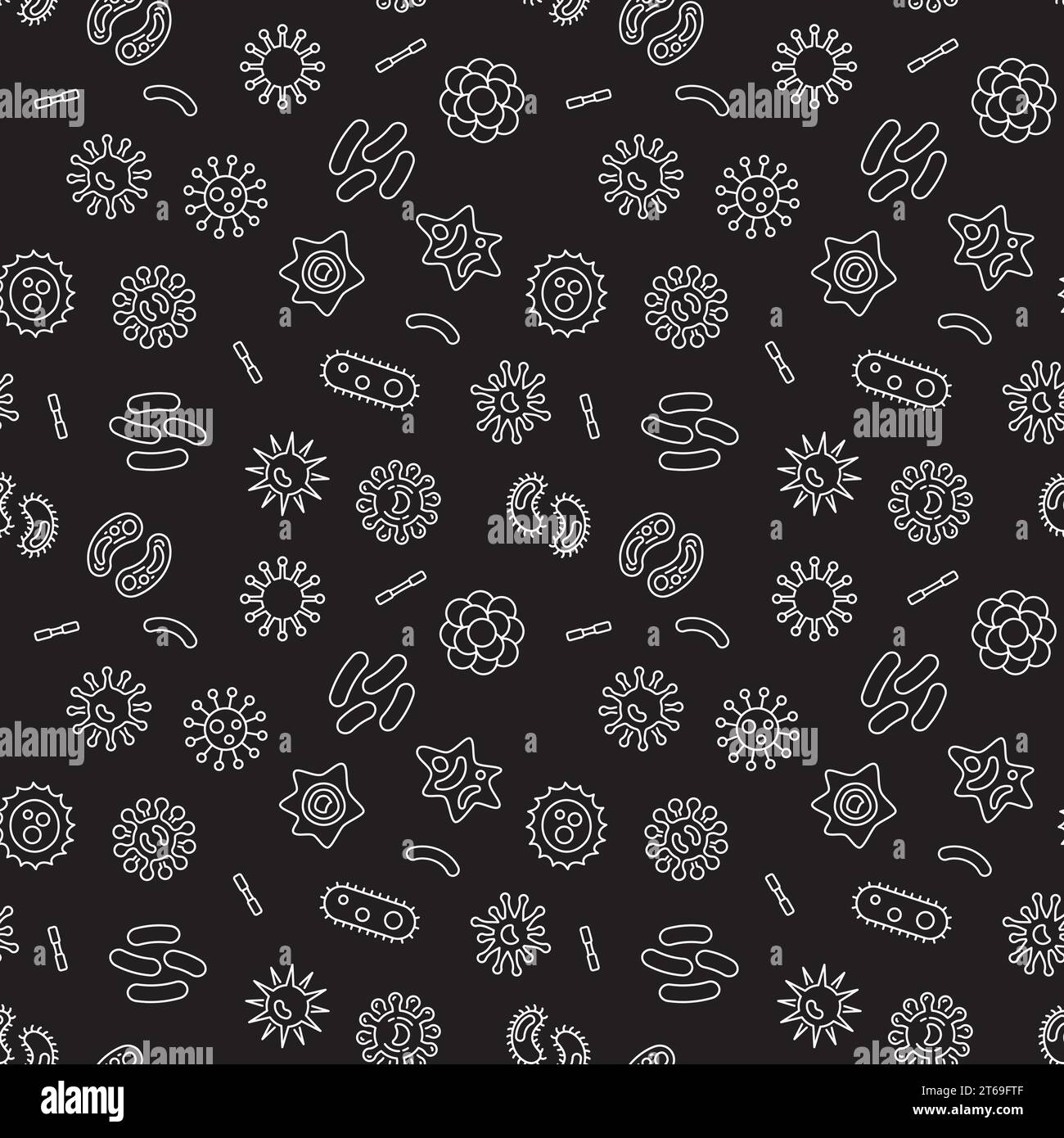 Seamless vector pattern with outline bacteria icons with dark ...