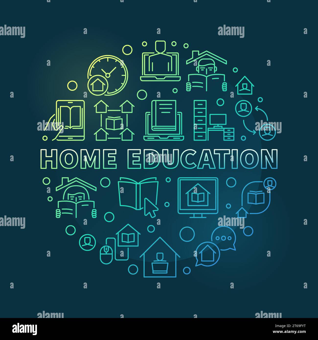 Vector Home Education concept round colorful outline illustration on ...
