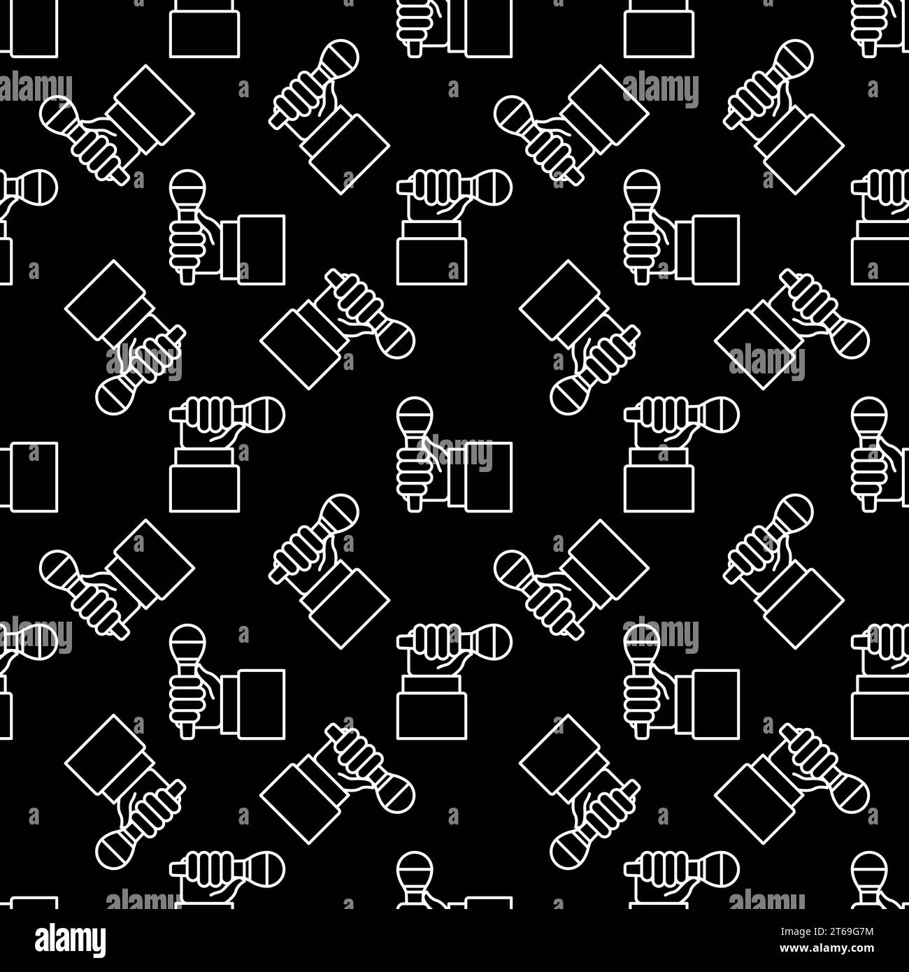 Hand with Handheld Mic outline vector seamless pattern with black ...