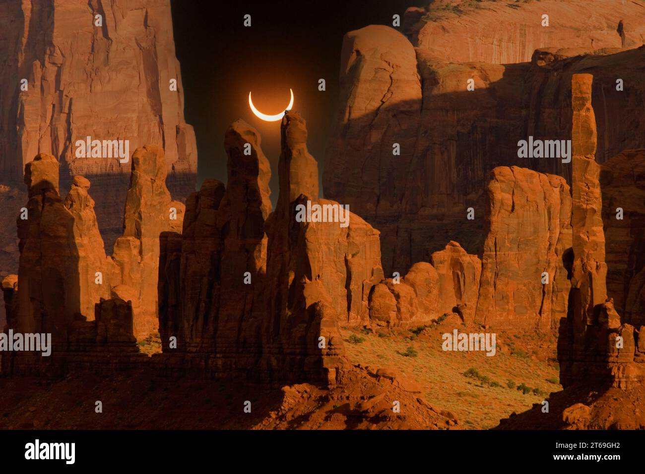 October 14, 2023 Annular eclipse over Monument Valley, AZ Stock Photo ...