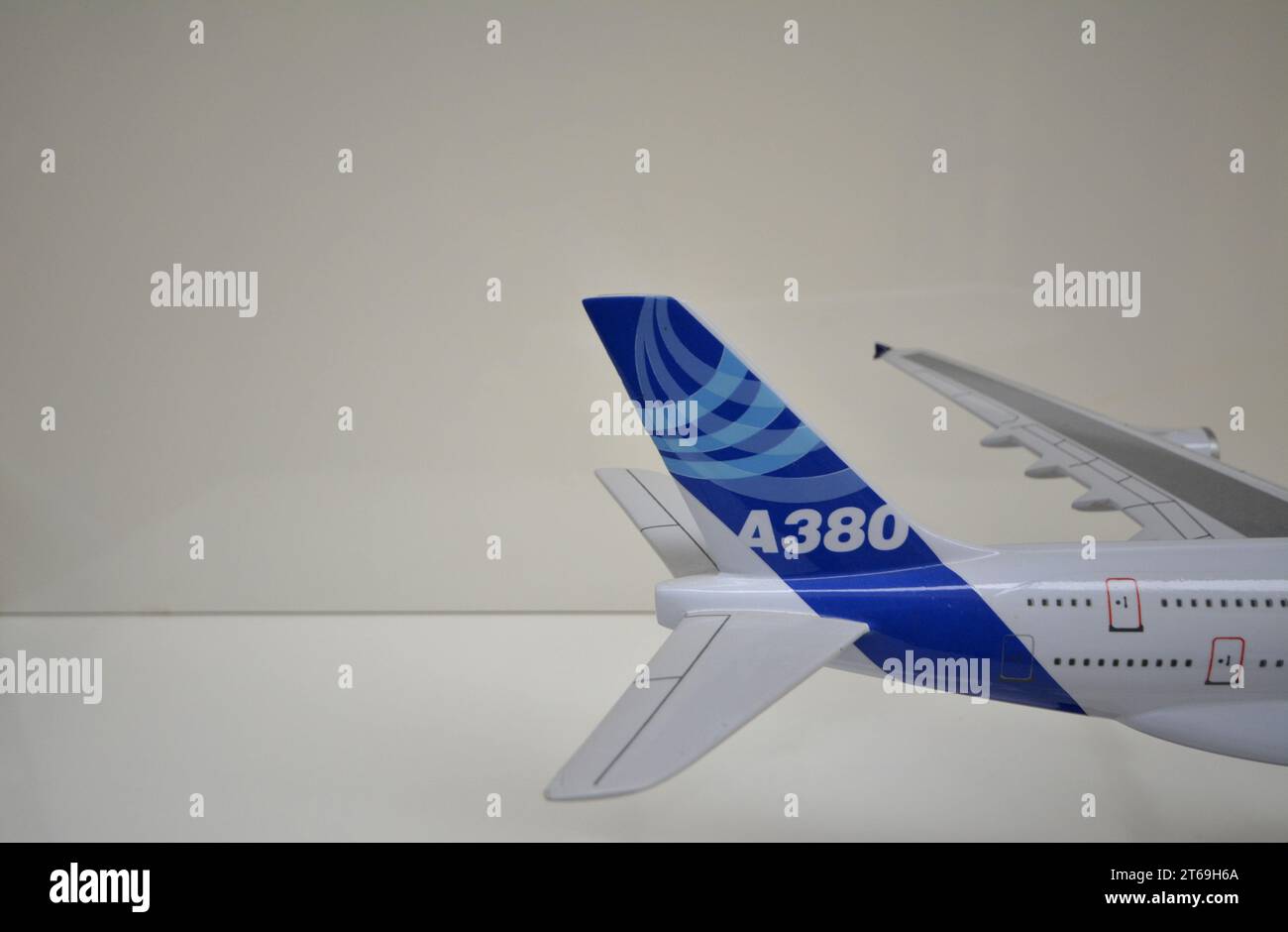Aircraft model A380 model showing the tail with white and blue paint ...
