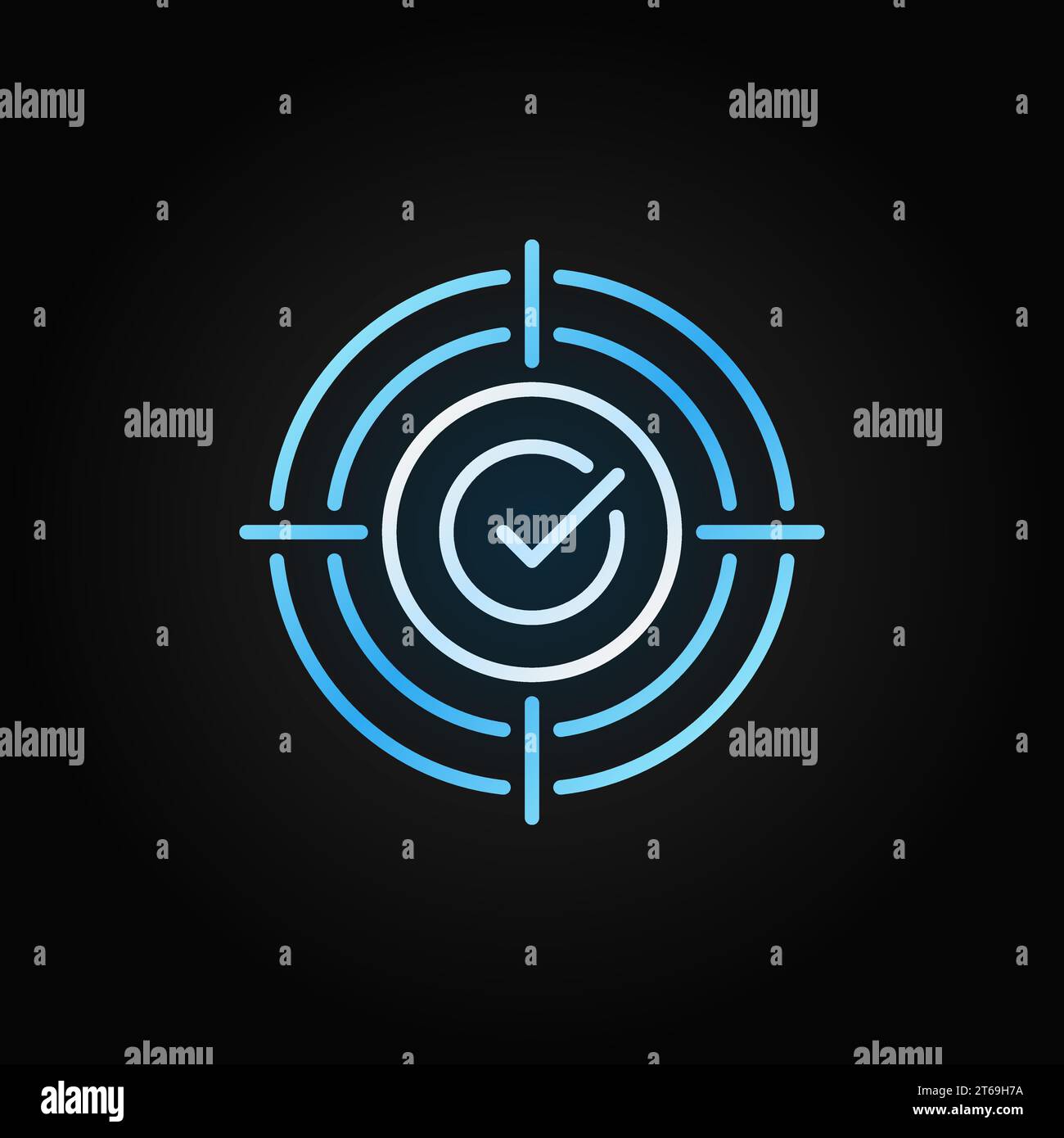Check mark goal or target vector outline icon or symbol on dark ...