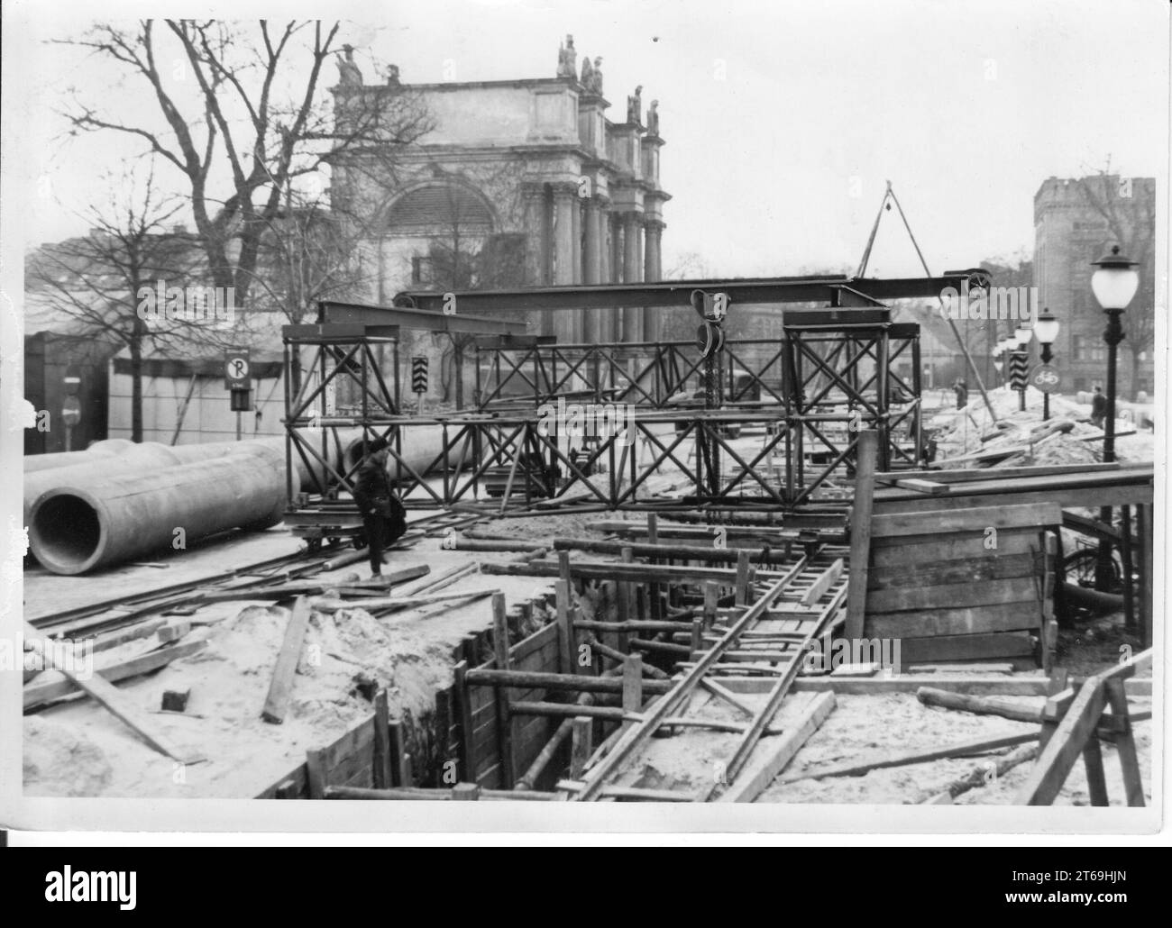 Reconstruction of downtown Potsdam, at the Brandenburg Gate. Road ...
