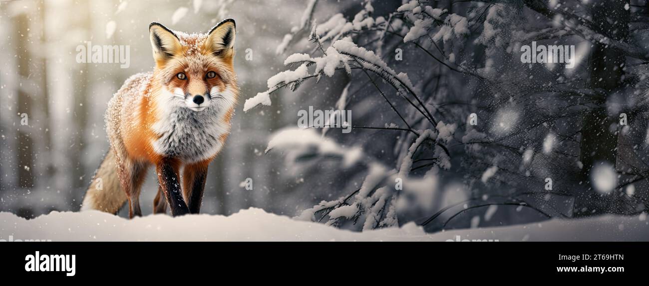 A red fox is perched atop a snowy hill, looking out into the distance ...