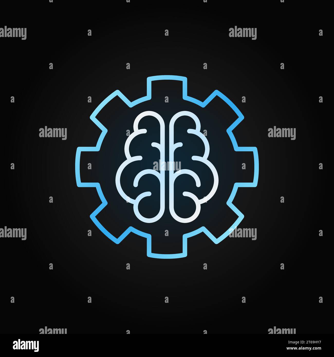 AI brain in gear blue outline icon or design element on dark background ...