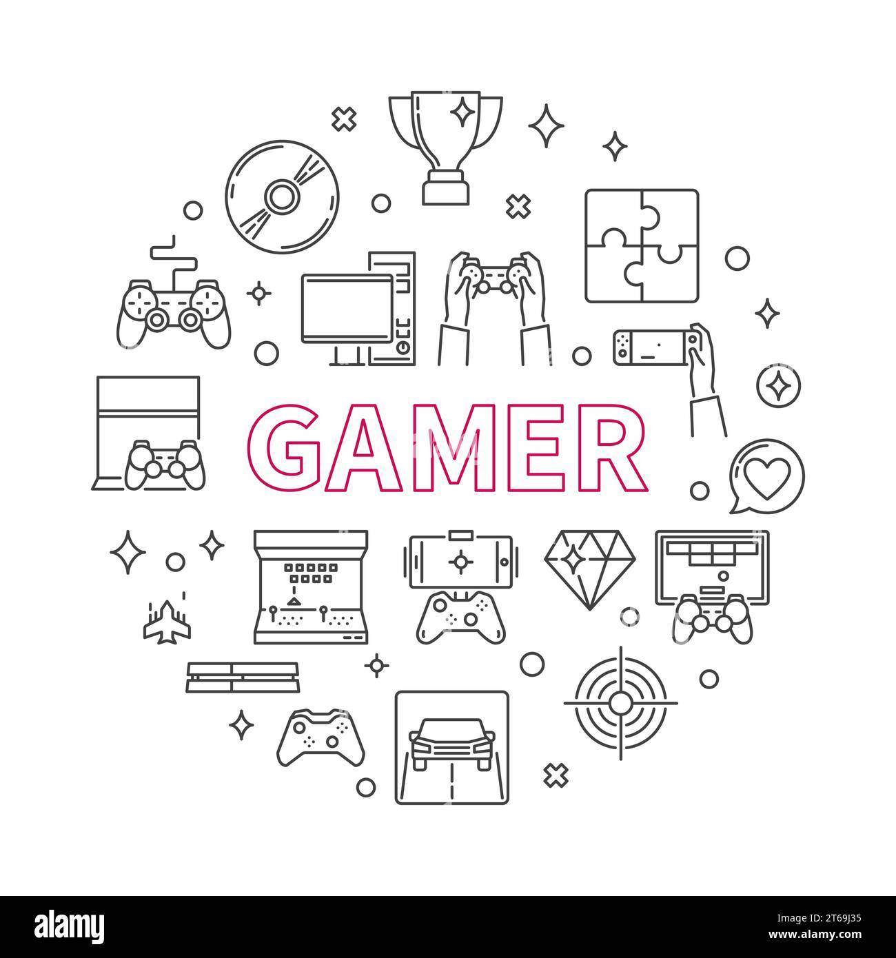 Gamer vector round concept outline minimal illustration on white ...